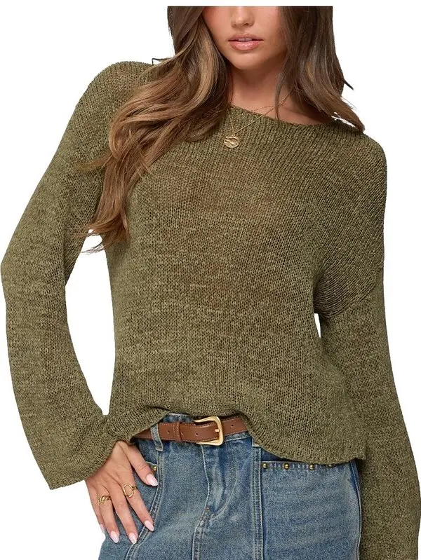 EDIKTED Drop Shoulder Light Knit Sweater - Olive