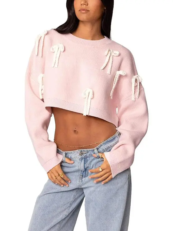 EDIKTED Chunky Bow Cropped Sweater - Pink