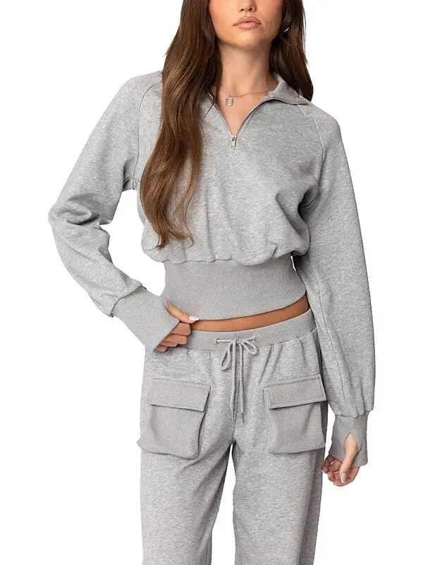 EDIKTED French Terry Quarter Zip Top - Gray Melange