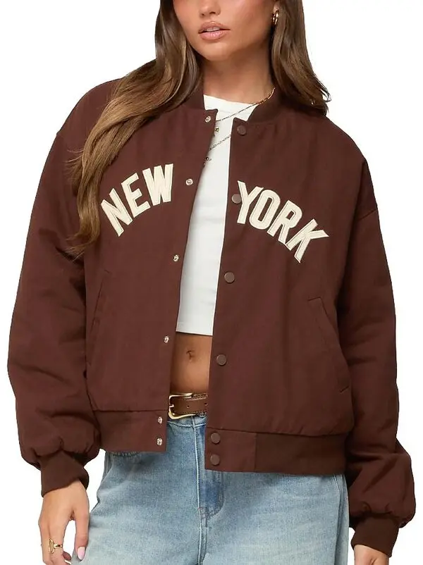 EDIKTED Big Apple Oversized Bomber Jacket - Brown
