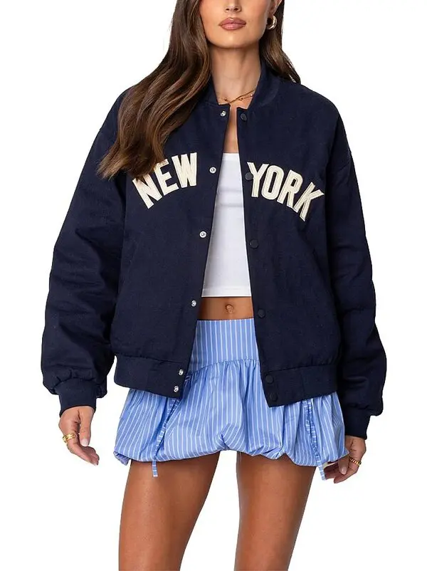 EDIKTED Big Apple Oversized Bomber Jacket - Navy