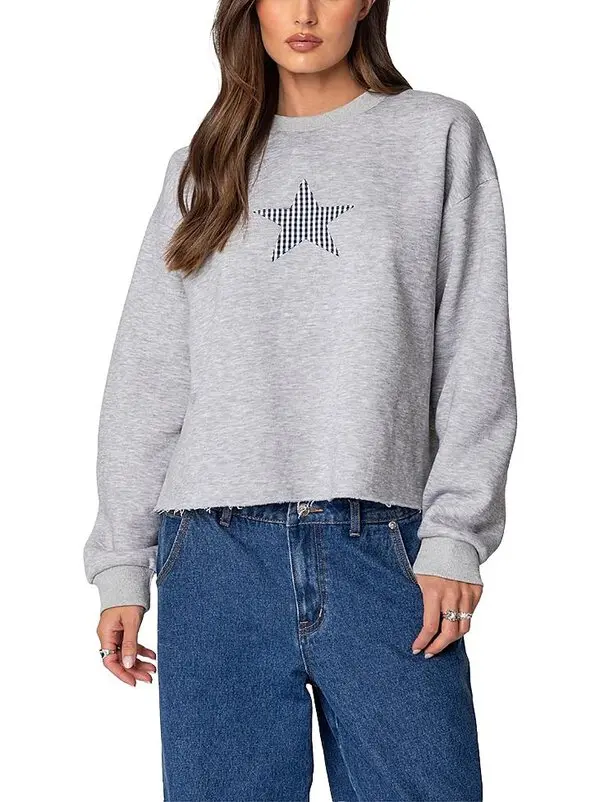 EDIKTED Gingham Star Sweatshirt - Gray Melange