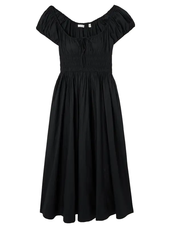 DÔEN Quinn Tie-detailed Shirred Organic Cotton-poplin Midi Dress - Black
