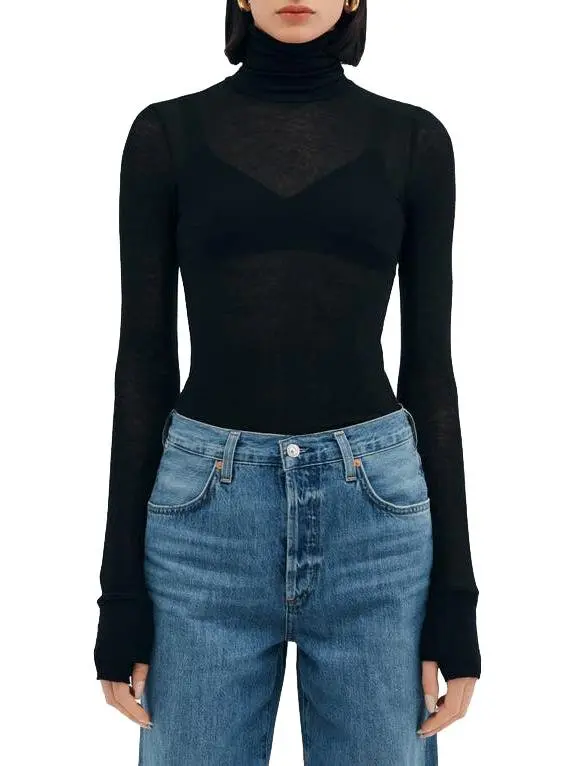 MARCELLA Eloise Semisheer Jersey Turtleneck Top - Black