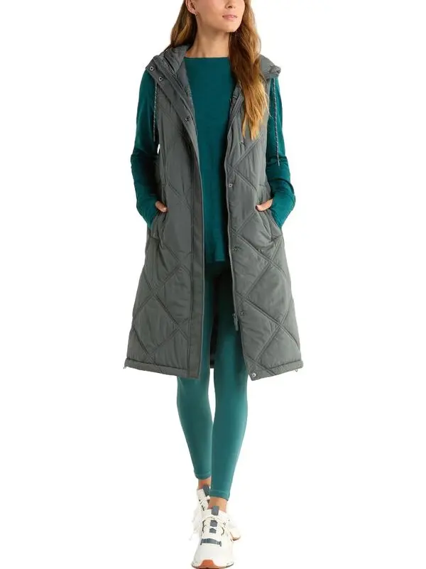 Zella Long Hooded Puffer Vest - Green Urban