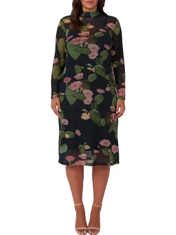 ESTELLE Mezzanine Cactus Print Mesh Midi Dress - Navy Floral Print