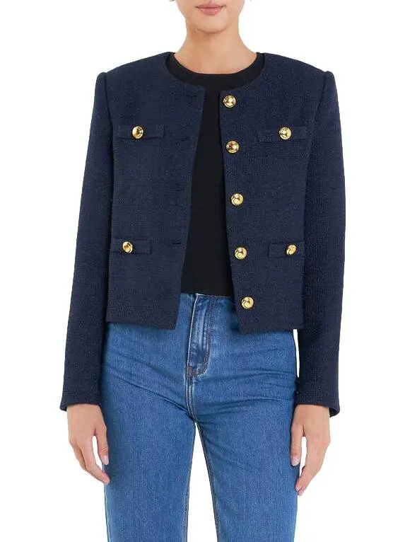 English Factory Tweed Crop Jacket - Navy
