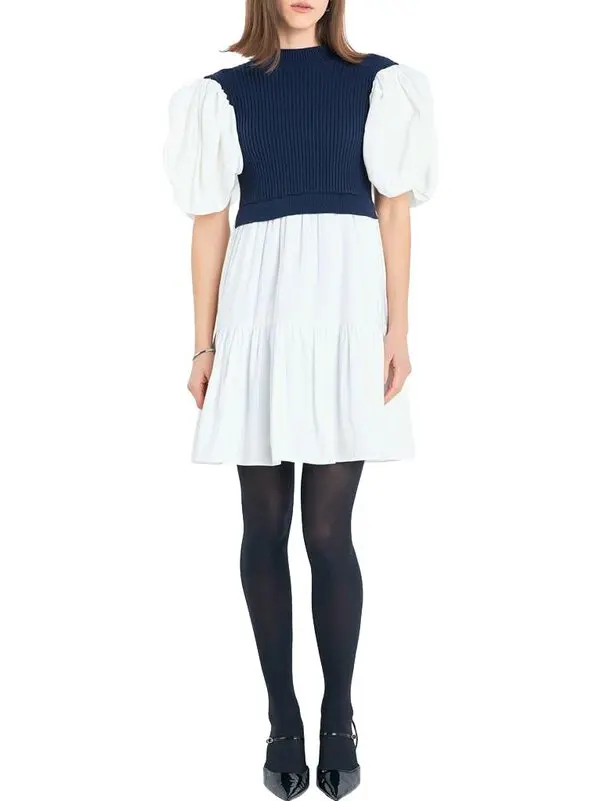 English Factory Puff Sleeve Mixed Media Sweater Dress - Navy