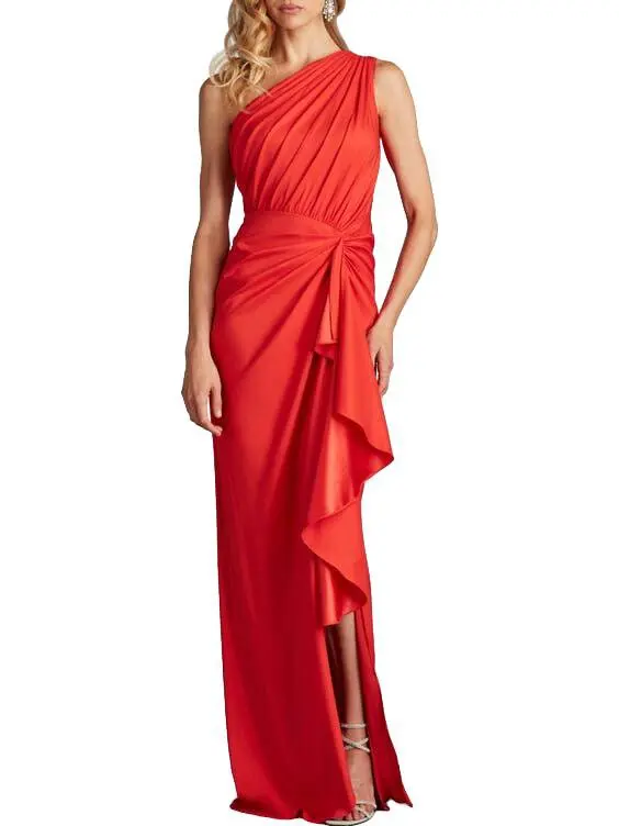 Tadashi Shoji One-shoulder Ruffle Gown - Red Rose