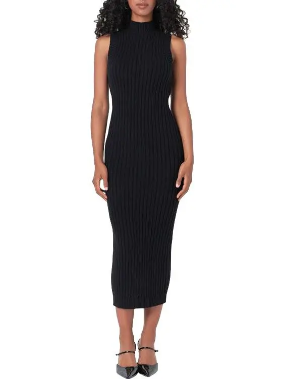 Endless Rose Mock Neck Ribbed Sweater Dress - Black