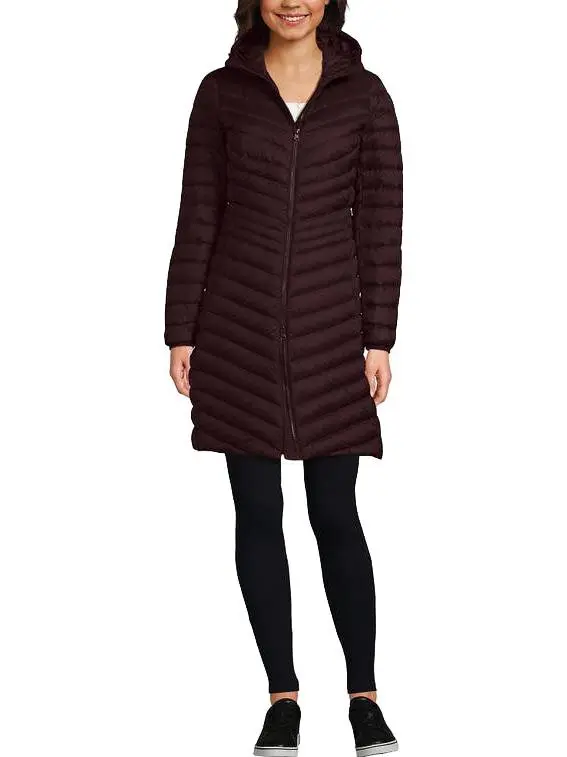 LANDS' END Ultralight Packable Long Down Coat - Lush Burgundy
