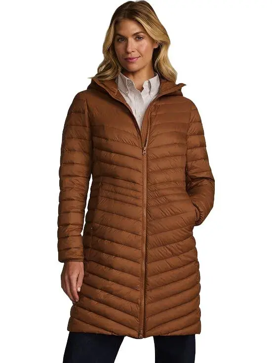 LANDS' END Ultralight Packable Long Down Coat - Rich Ginger Brown