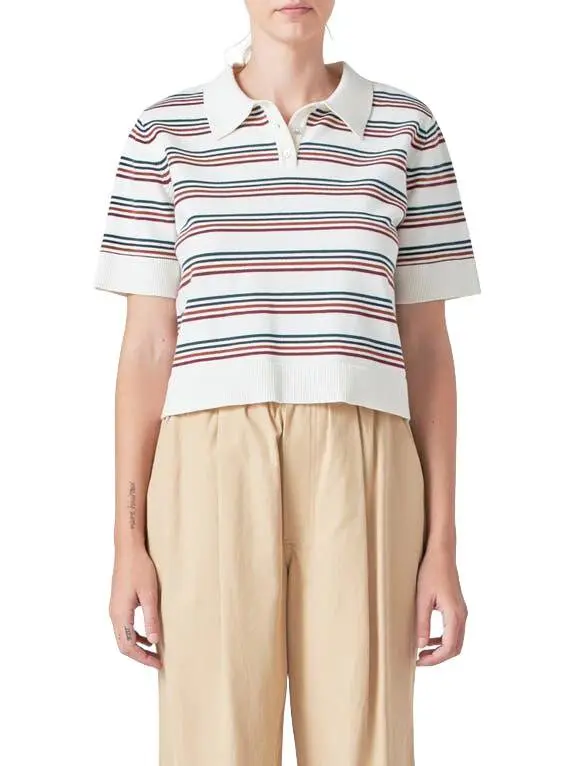 GREY LAB Stripe Short Sleeve Polo Sweater - White Multi