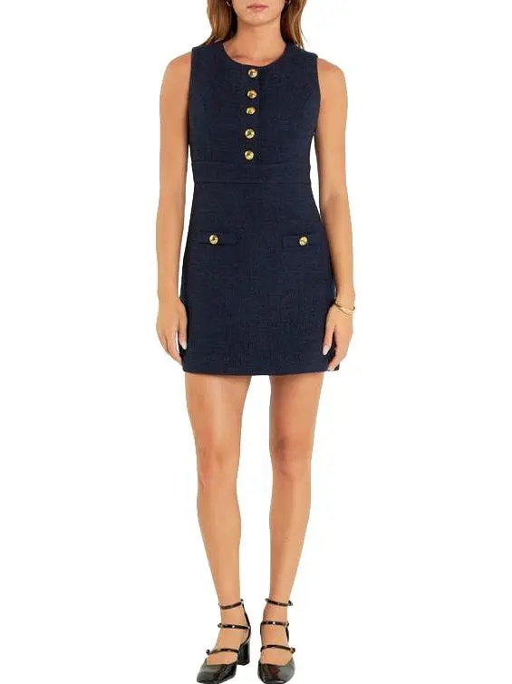 English Factory Golden Button Sleeveless Tweed Minidress - Navy