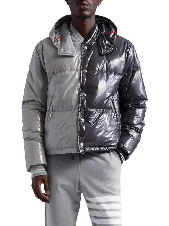 Thom Browne Colorblock Down Puffer Jacket With Removable Hood - Light Grey
