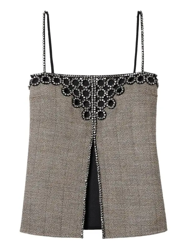 Stella McCartney Crystal-embellished Herringbone Wool-blend Top - Neutrals