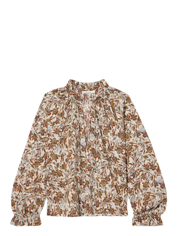 DÔEN Juna Tie-neck Floral-print Organic Cotton-voile Top - Brown