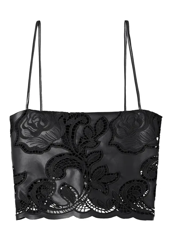 Johanna Ortiz Seduccion Lunar Guipure Lace-trimmed Faux Leather Top - Black