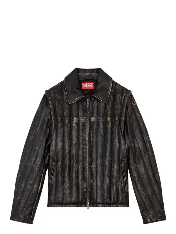 DIESEL® Quilted Effect Distressed Finish Leather Jacket - Black