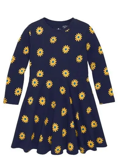 PRIMARY Long Sleeve Twirly Dress In Sunflowers - Navy Sunflowers