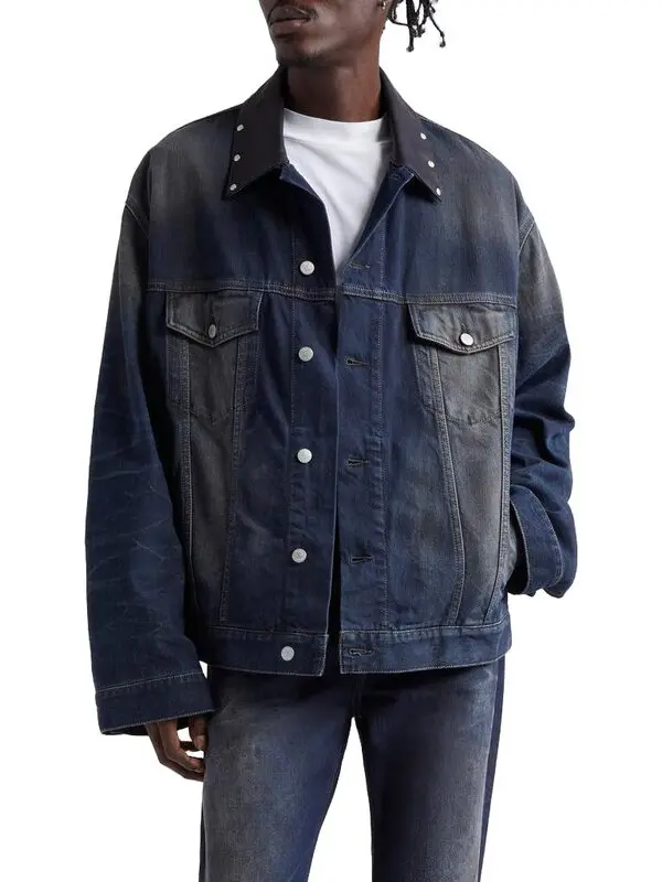 Acne Studios Leather Collar Oversized Denim Jacket - Dark Blue