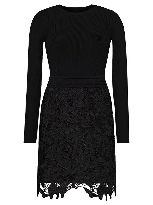 MILLY Katie Lace Combo Knit Mini Dress - Black