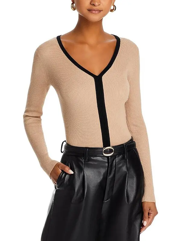 T Tahari V-neck Ribbed Sweater - Toasted Almond/black