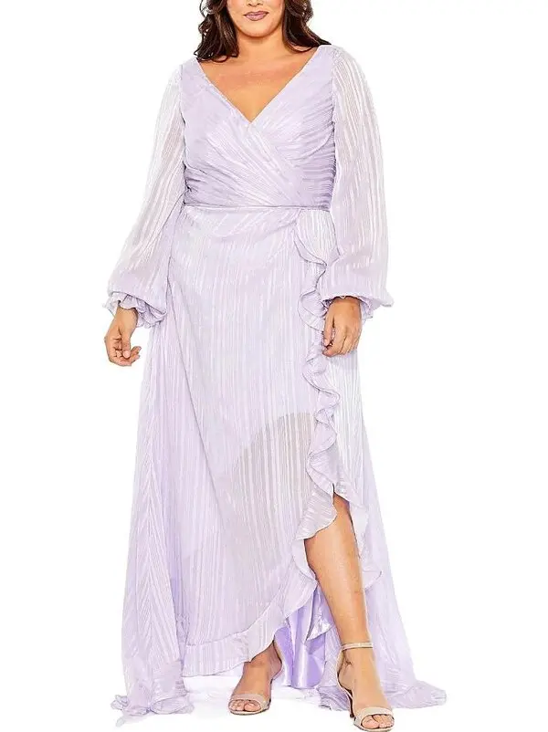 Mac Duggal Plus Striped Faux Wrap Gown - Lilac