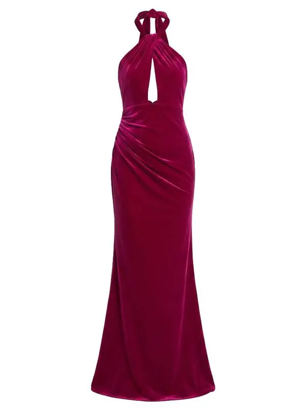 Mac Duggal Draped Velvet Halter Column Gown - Berry