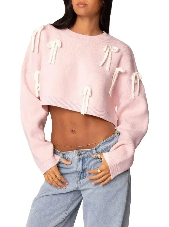 EDIKTED Bow Knit Crop Sweater - Pink