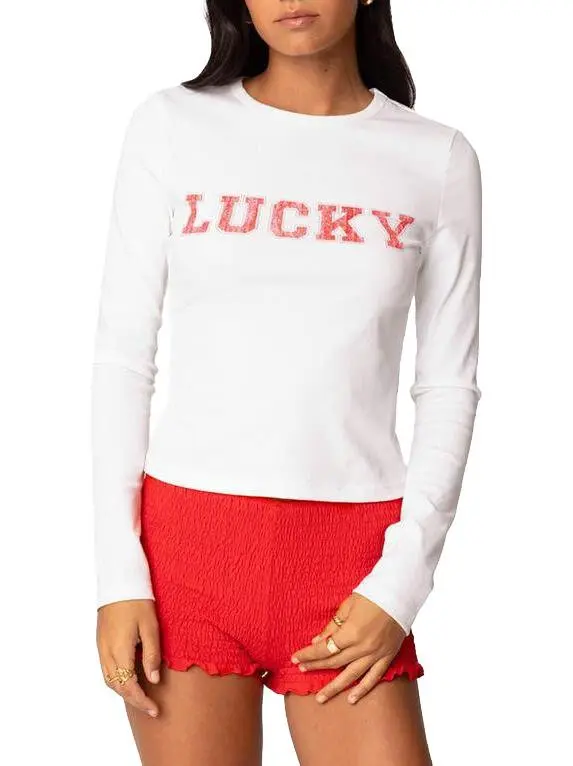 EDIKTED Get Lucky Long Sleeve T-shirt - White