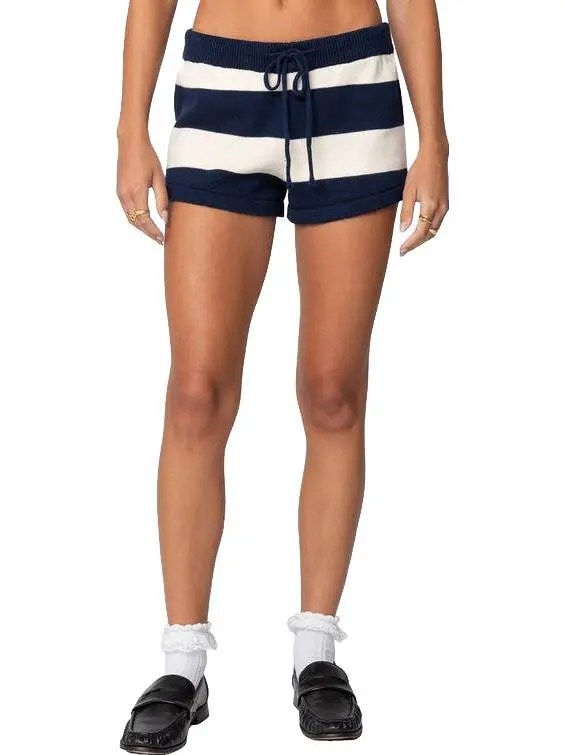 EDIKTED Riley Stripe Knit Shorts - Navy-and-cream