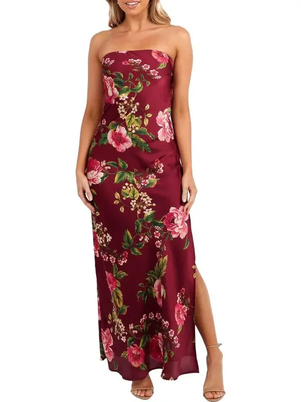 PETAL & PUP Bryden Strapless Maxi Dress - Burgundy Floral
