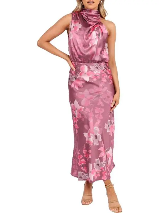 PETAL & PUP Anabelle Floral Satin Midi Dress - Dark Rose Floral