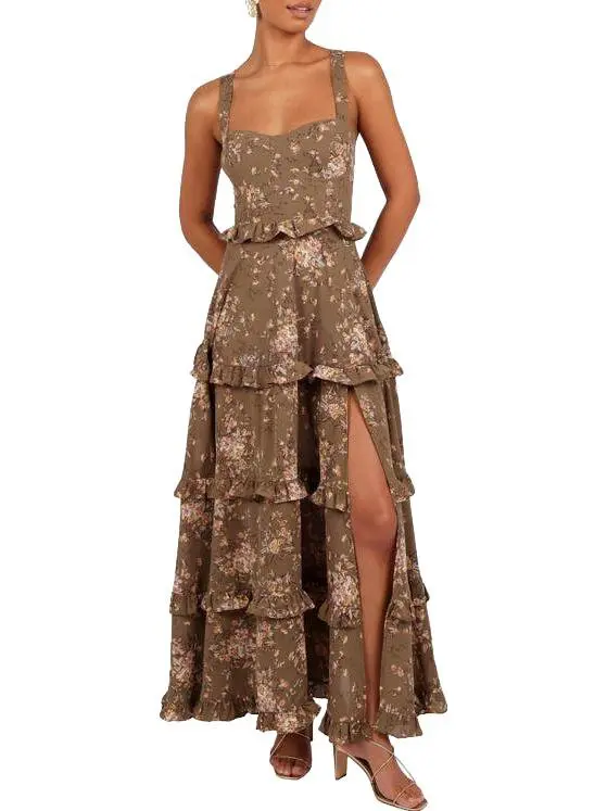 PETAL & PUP Lillee Tiered Maxi Dress - Olive Print