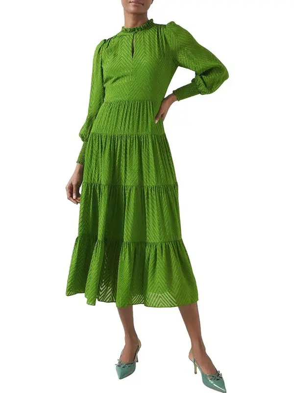 LK BENNETT Flora Chevron Bracelet Sleeve Silk Blend Dress - Green