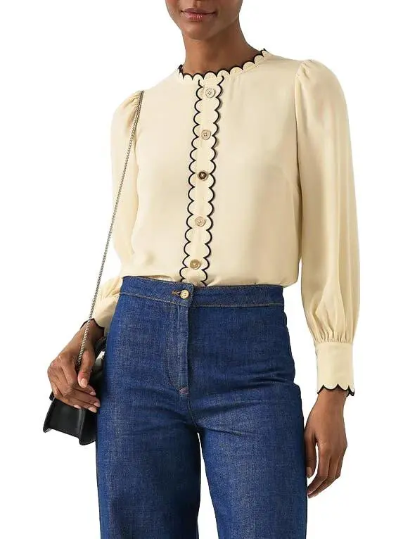 LK BENNETT Jemima Scalloped Long Sleeve Top - Multi Cream