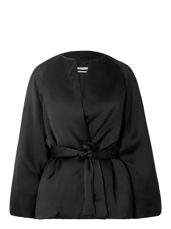 Another Tomorrow Belted Padded Satin Jacket - Black