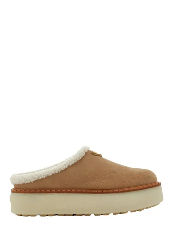 Prada Shearling Platform Mules - Tan