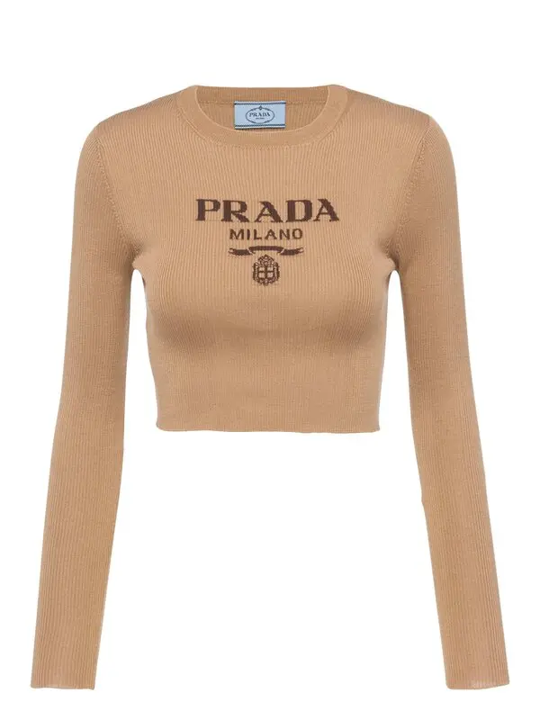Prada Silk Cropped Logo Sweater - Brown
