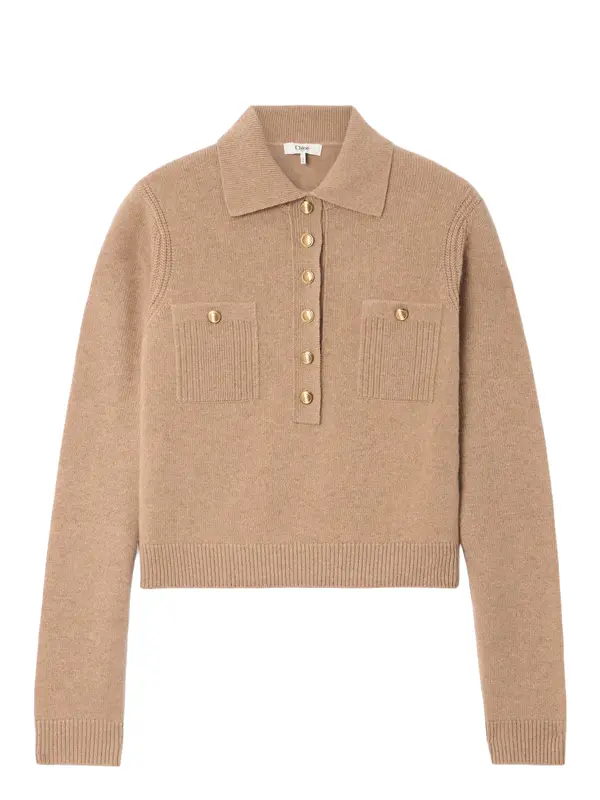 Chloé Ribbed Wool And Cashmere-blend Polo Sweater - Brown