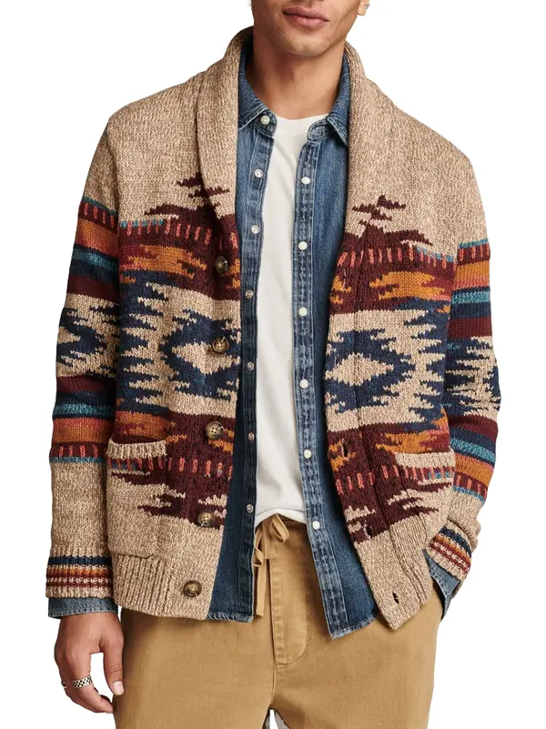 Lucky Brand Southwest Shawl Collar Cardigan - Natural Multi Print