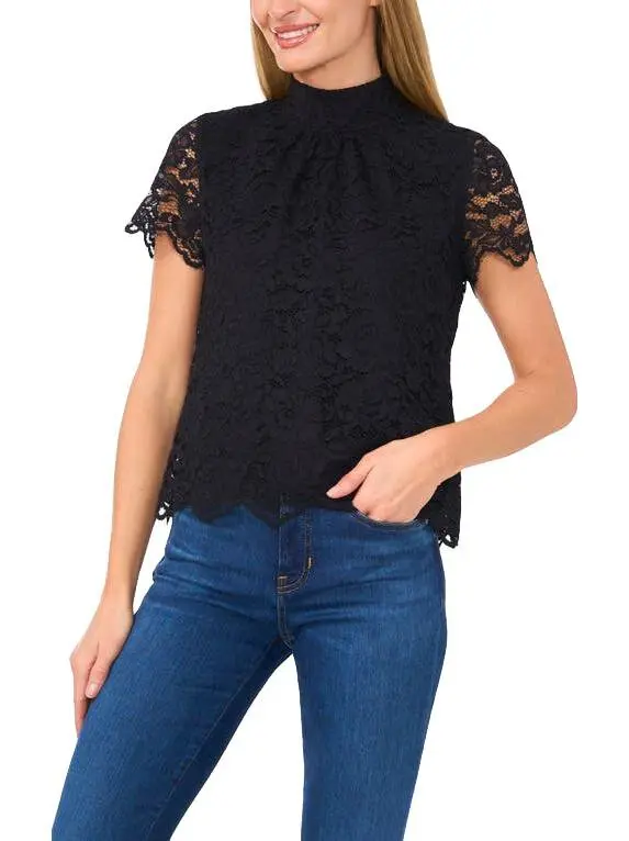 CECE DUPRAZ Bow Mock Neck Lace Top - Rich Black