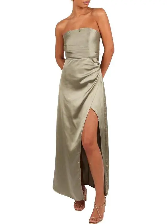 PETAL & PUP Kara Strapless Stretch Satin Gown - Olive