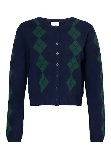 REFORMATION Clara Round-neck Cashmere And Wool-blend Cardigan - Navy Multi Argyle