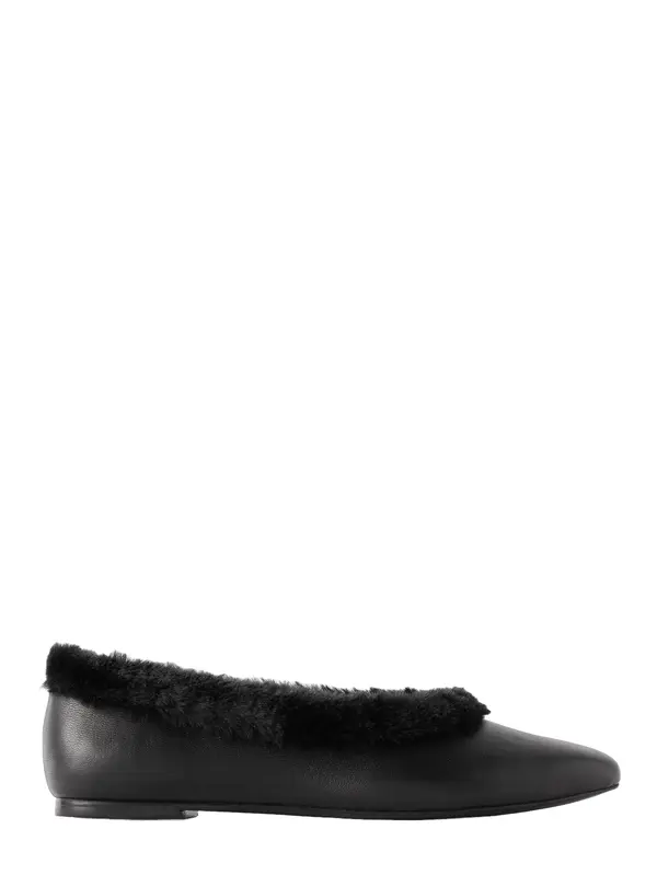 Staud Faux Fur-trimmed Leather Ballet Flats - Black