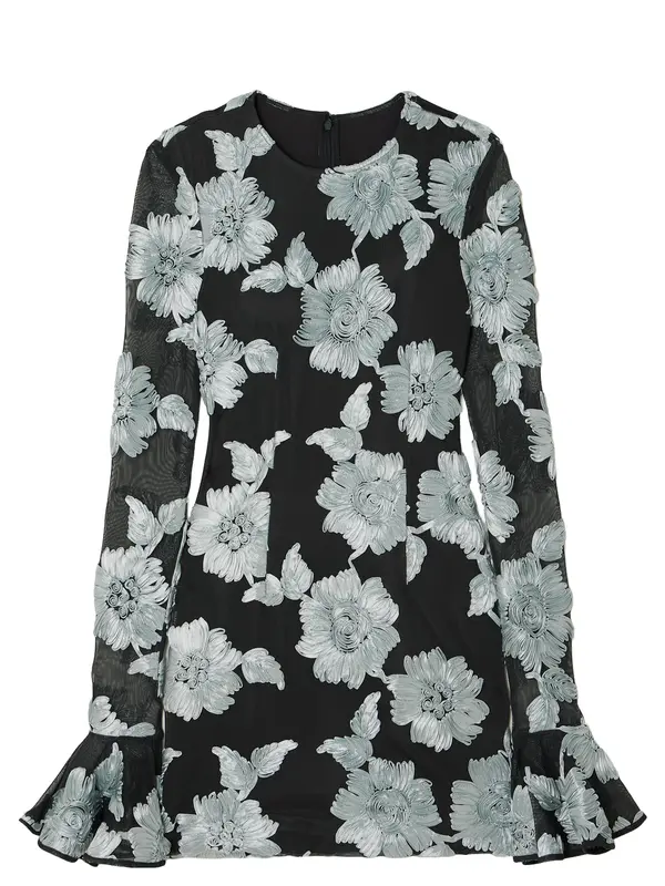 ROTATE BY BIRGER CHRISTENSEN Floral-appliquéd Stretch Recycled-tulle Mini Dress - Gray