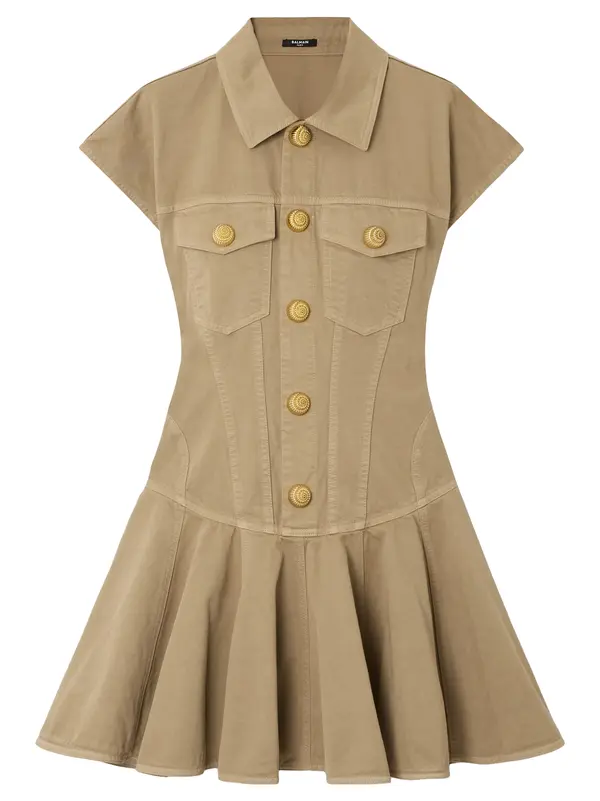 Balmain Pleated Cotton-twill Mini Dress - Neutrals