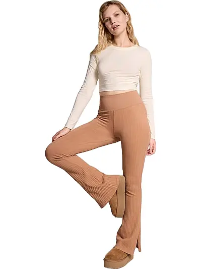 Pink Soft Seamless Cable Flare Leggings - Beige