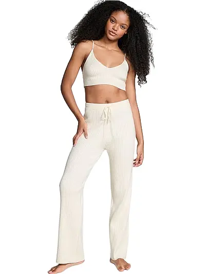 Pink Ribbed Knit Lounge Pants - White,ivory